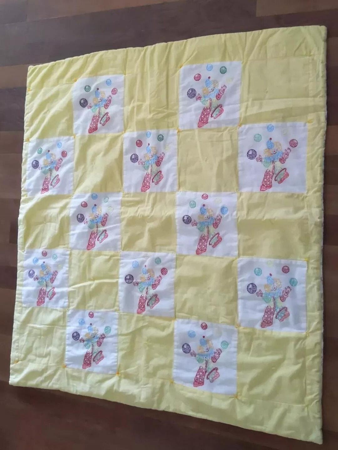 Vintage Quilt Handmade Embroidered Baby Blanket Yellow Clown Flannel ...