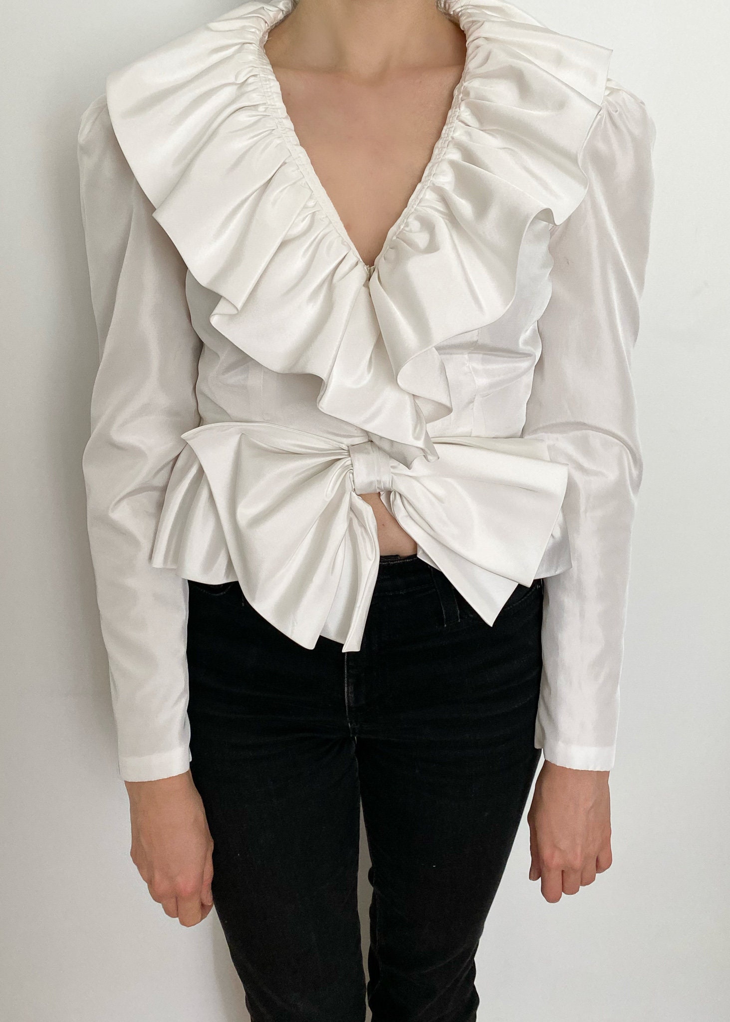 White Vintage Ruffle Collar Blouse With Peplum Waist And Bow Etsy