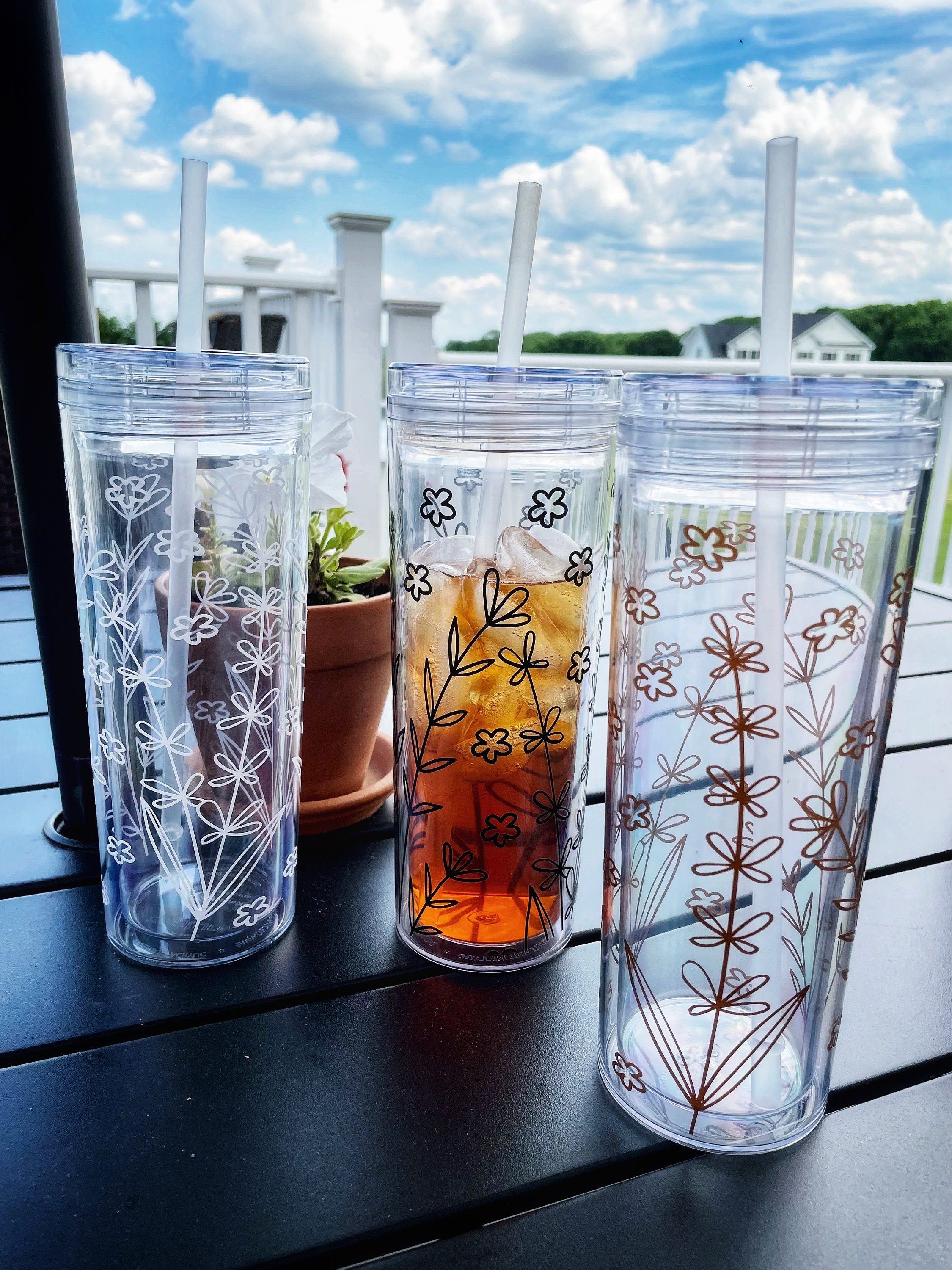 Summer Tumbler Cup | Acrylic Tumbler Cup With Flowers| Clear Flower ...