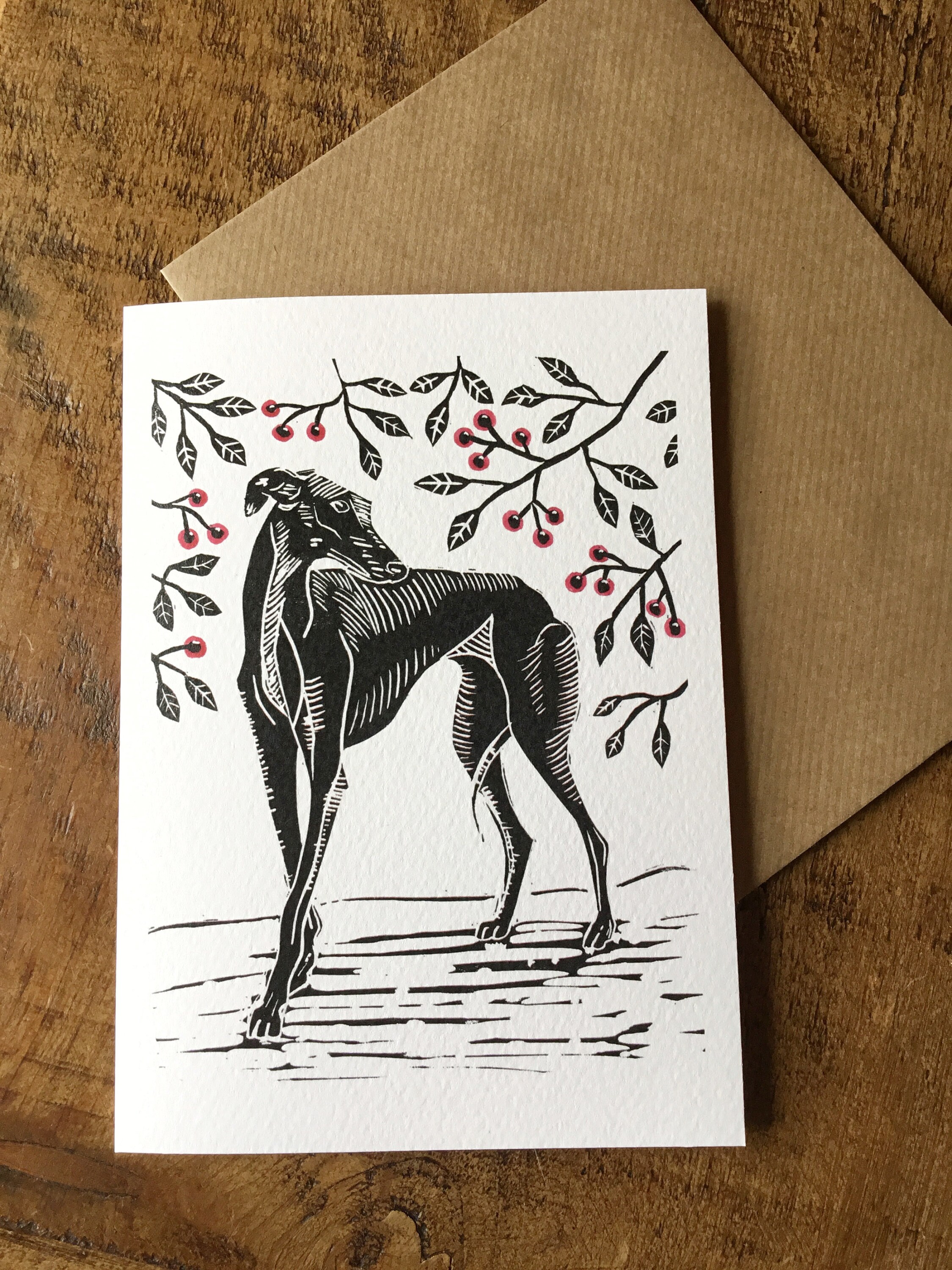 Greyhound Greetings Card, Greyhound Linoprint Card, Beneath the Cherry ...