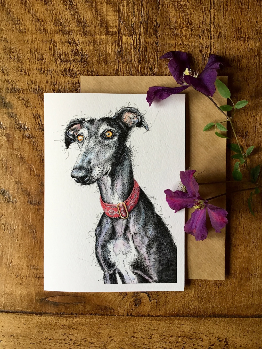 Greyhound Card, Lurcher Card, Sighthound Card, Galgo Wearing a Red ...