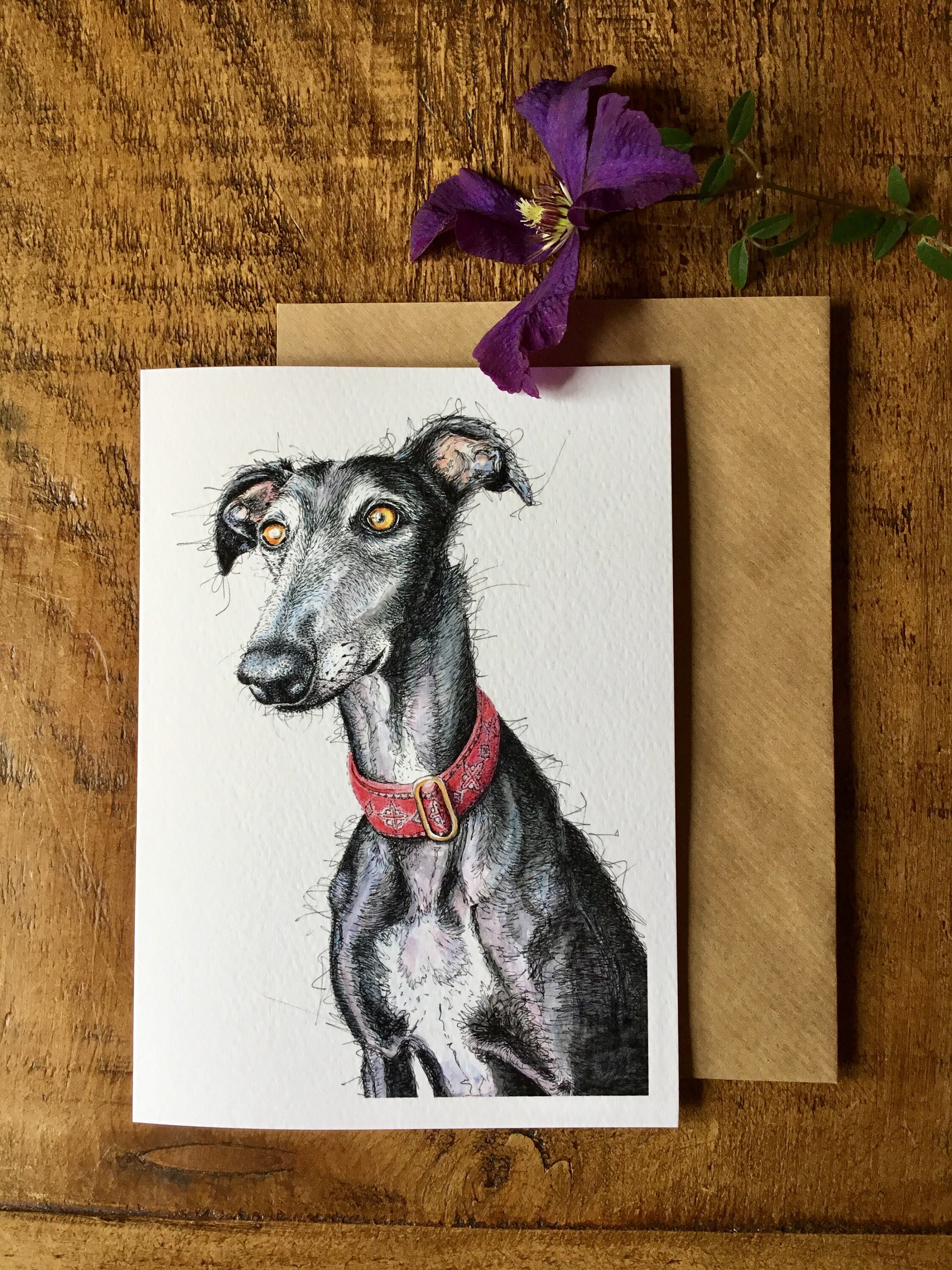 Greyhound Card, Lurcher Card, Sighthound Card, Galgo Wearing a Red ...