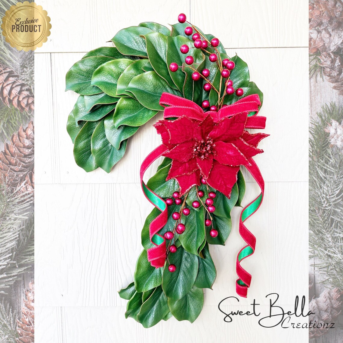 Magnolia Candy Cane Christmas Wreath: Red Velvet Poinsettia Door Decor ...