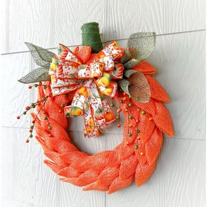 Fall Pumpkin Wreath for Front Door, Orange Pumpkin Shaped Wreath, Poly ...
