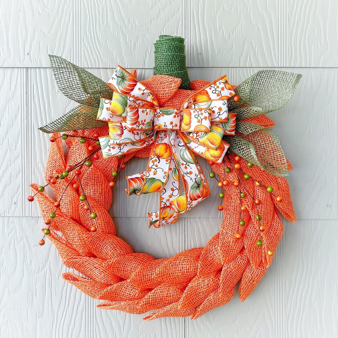 Fall Pumpkin Wreath for Front Door, Orange Pumpkin Shaped Wreath, Poly ...
