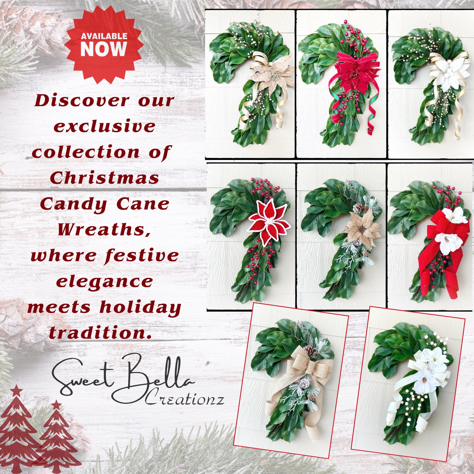 Magnolia Candy Cane Christmas Wreath: Red Velvet Poinsettia Door Decor ...