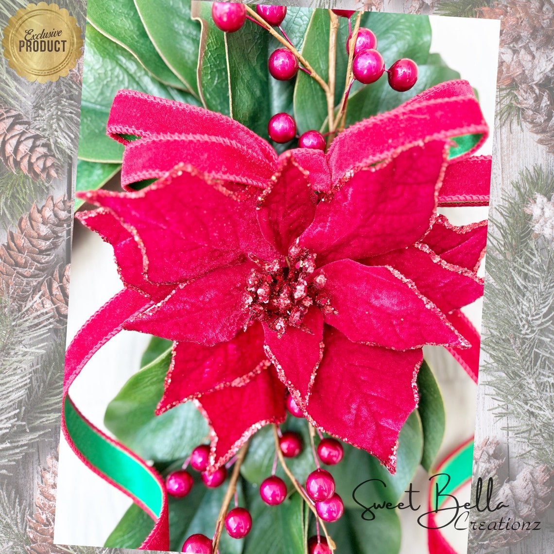 Magnolia Candy Cane Christmas Wreath: Red Velvet Poinsettia Door Decor ...