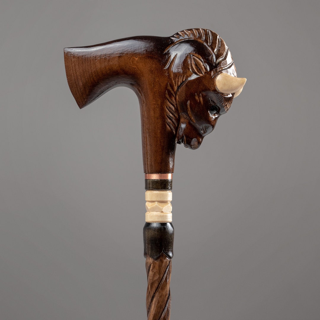 Walking Stick Carved Wood With Rubber Tip, Bull Head Walking Cane for ...