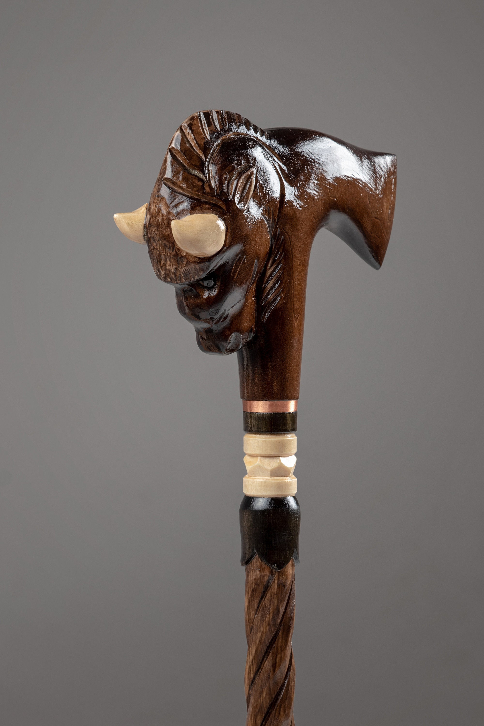 Walking Stick Carved Wood With Rubber Tip, Bull Head Walking Cane for ...