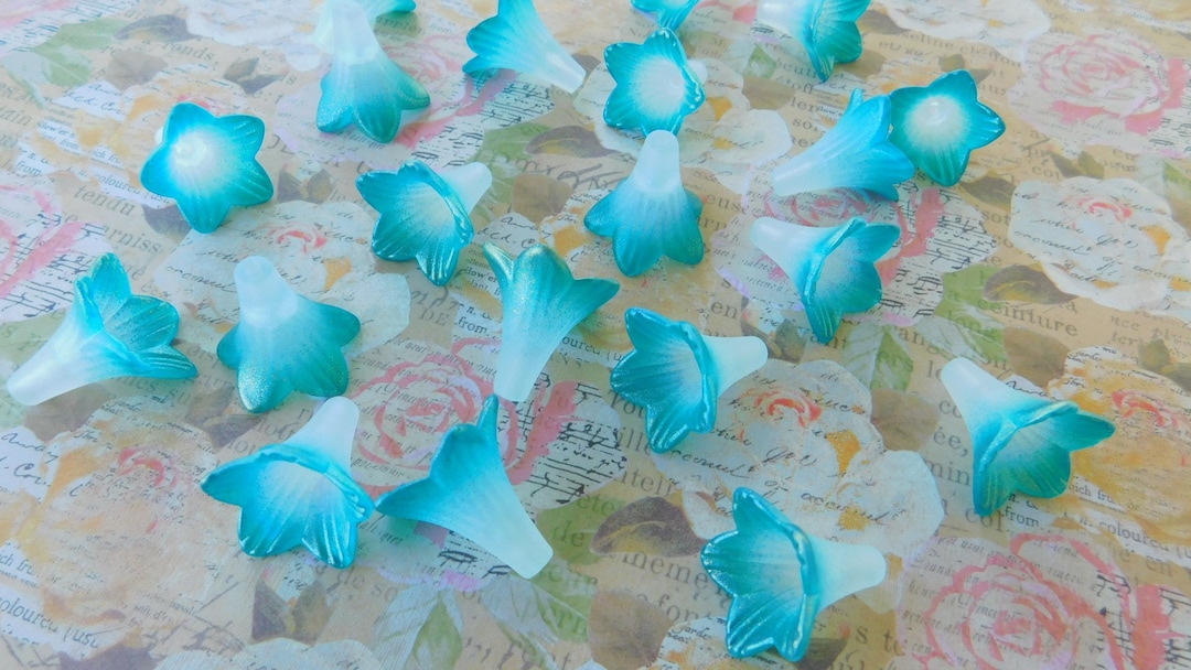 White With Pearl Turquoise Hand Painted Lucite Trumpet Flower Beads - Etsy