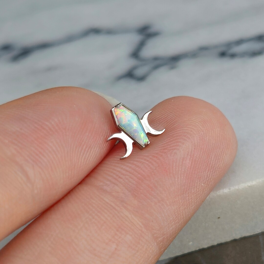 Coffin Goddess Crescent Moon + Opal Threadless Labret Post Piercing ...