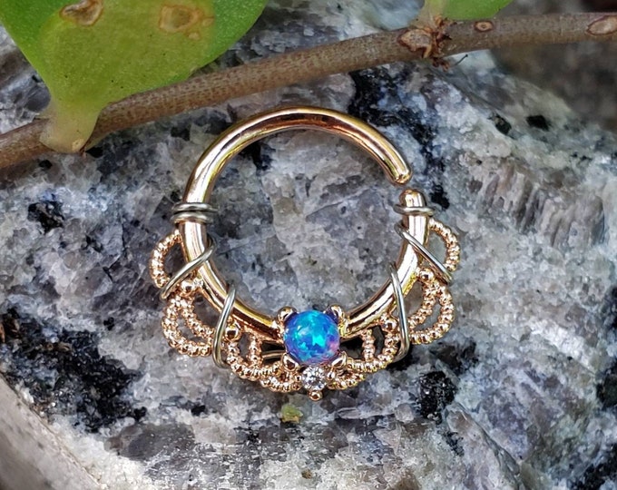 Bohemian Septum Ring Daith Earring Blue Opal Stone Wire Wrapped Body ...