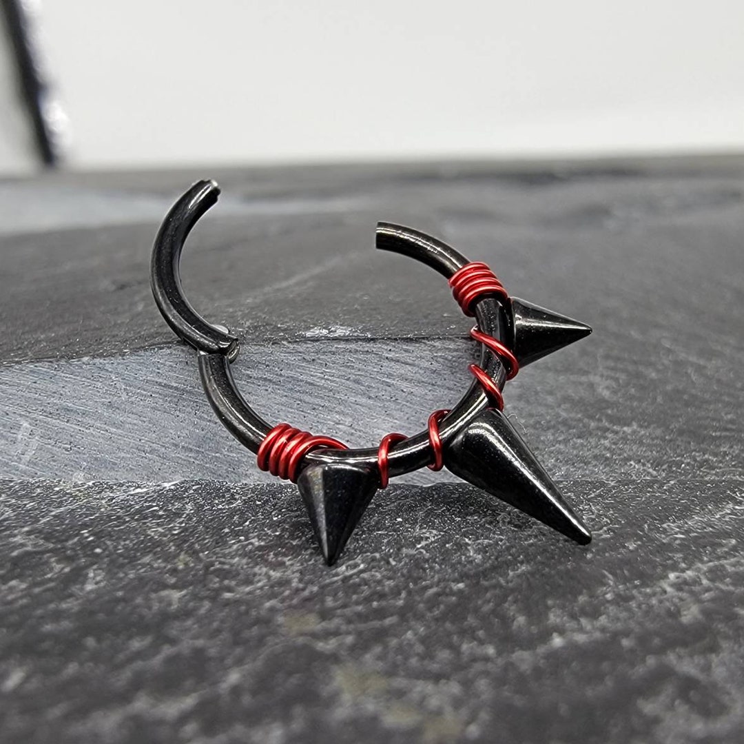 Black + Red Titanium Triple Spike + Wrapped Hinged Piercing Clicker ...