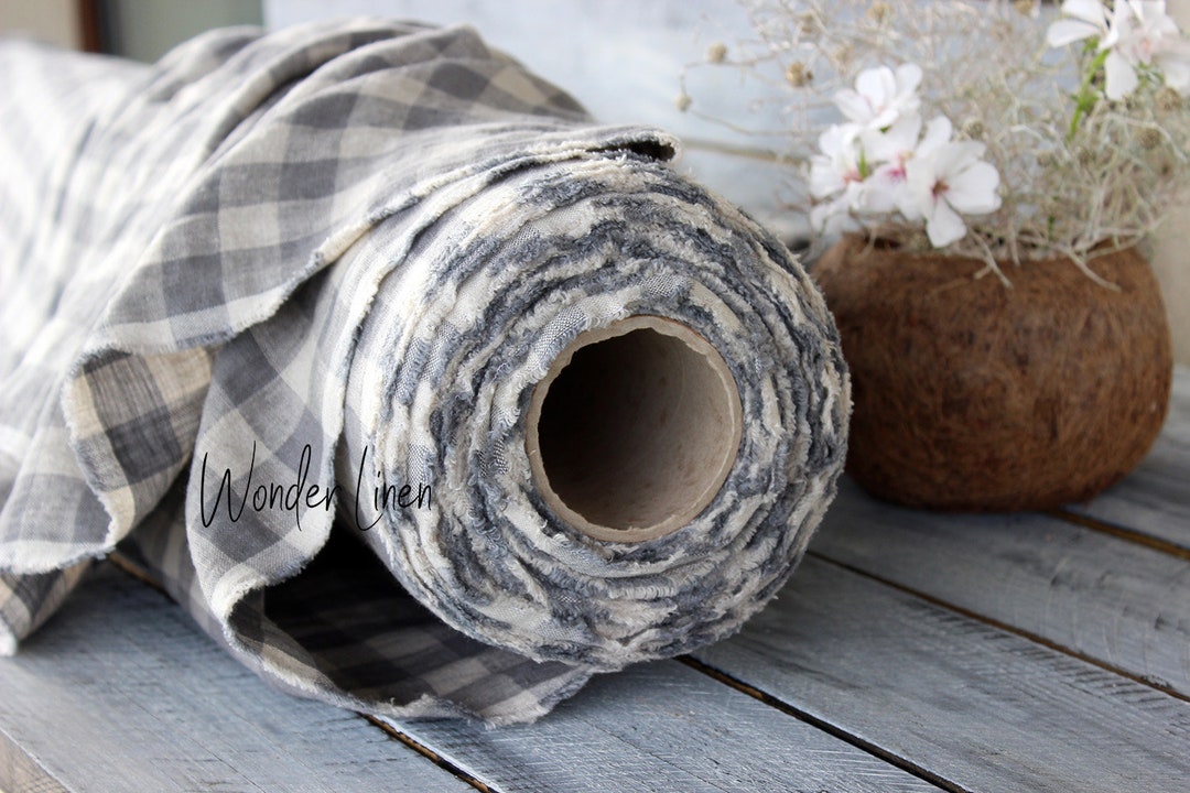 Gray Check Linen Fabric by Half Yard or Meter / Natural Washed Flax ...