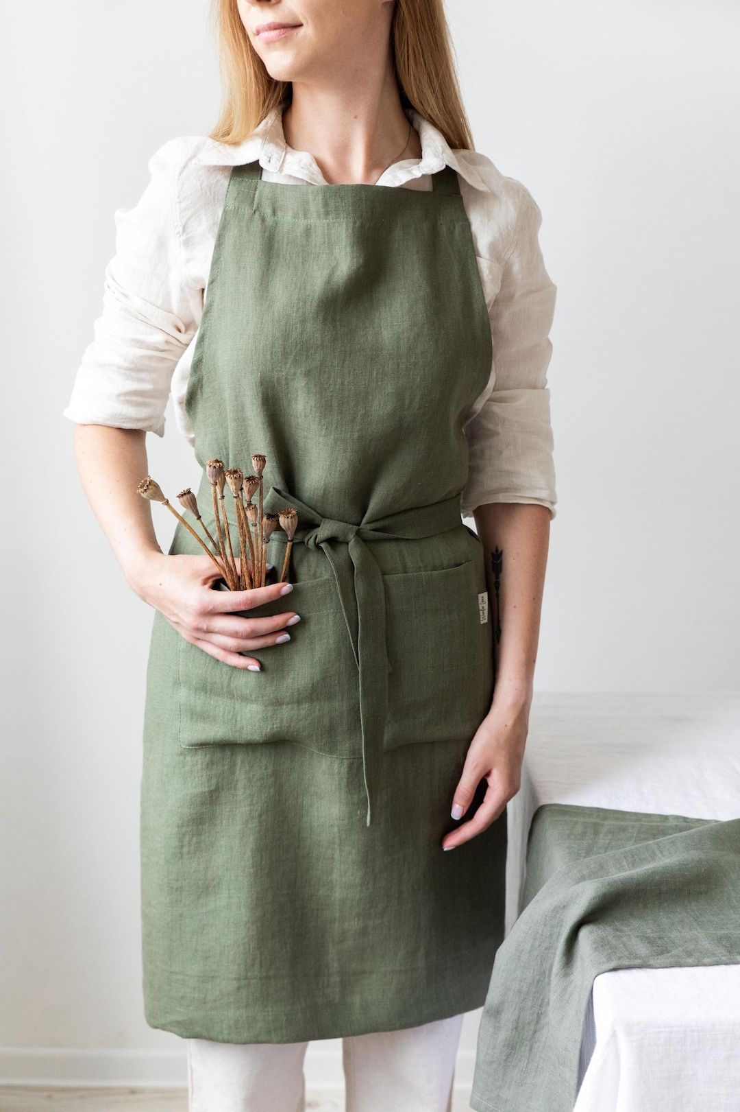 Eucalyptus Linen Apron. Natural Linen Full Apron With Pockets. Soft ...
