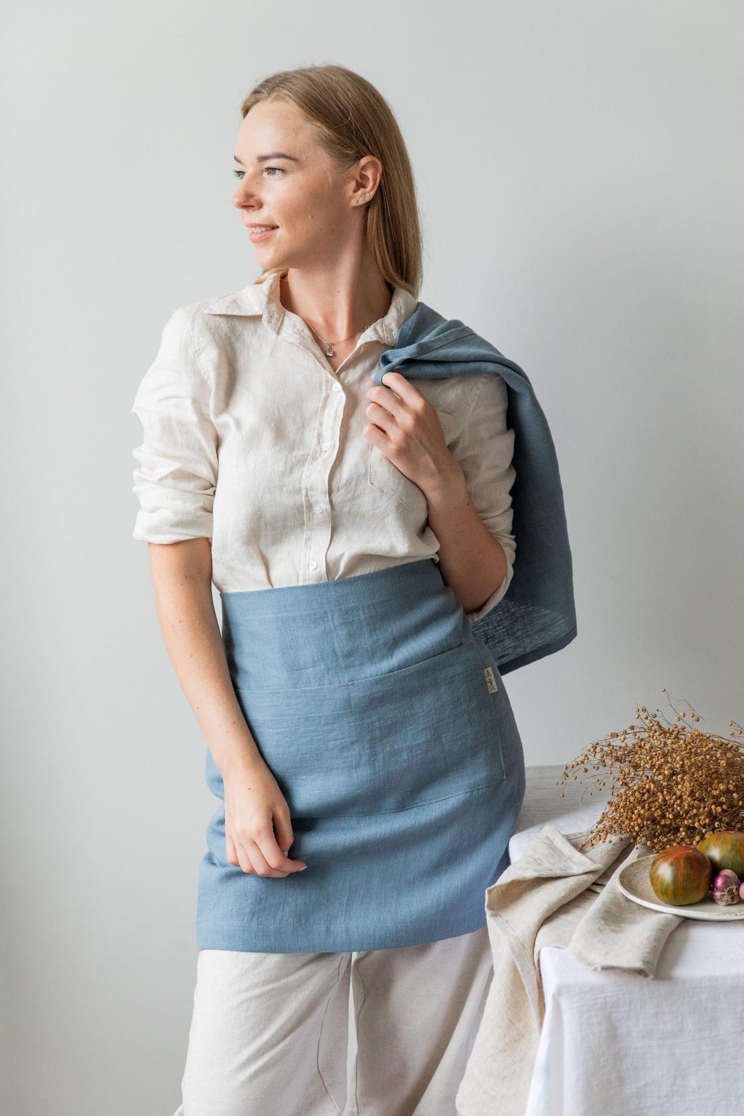 Dusty Blue Linen Apron for Women. Linen Half Apron With Pockets. Unisex ...
