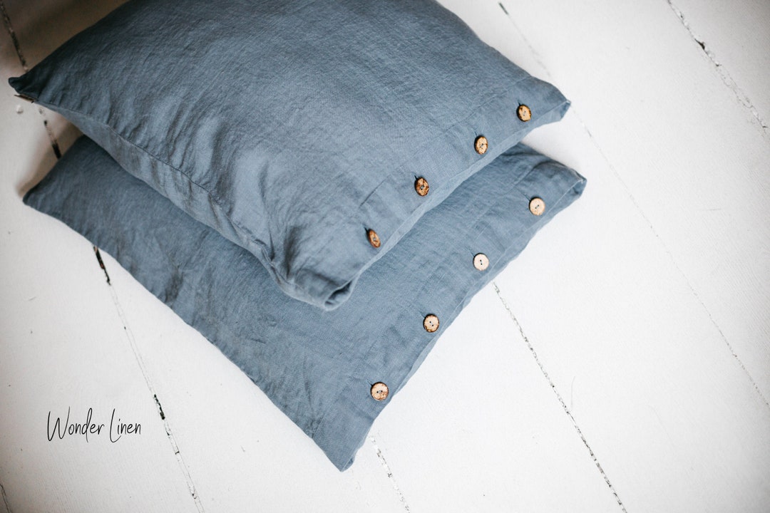 Blue Linen Pillowcase With Buttons. Washed Soft Linen King Bedding ...