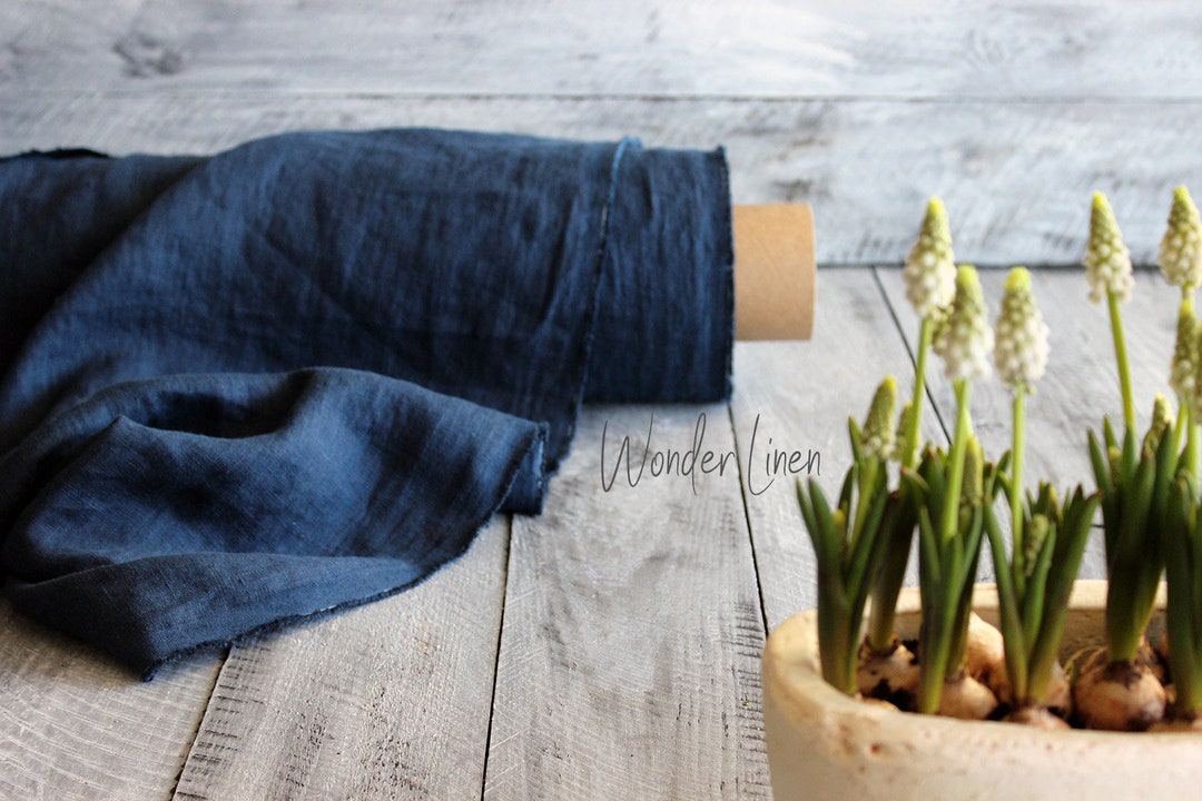 Blue Linen Fabric / Navy Washed Flax by Half Meter or Yard / Indigo ...