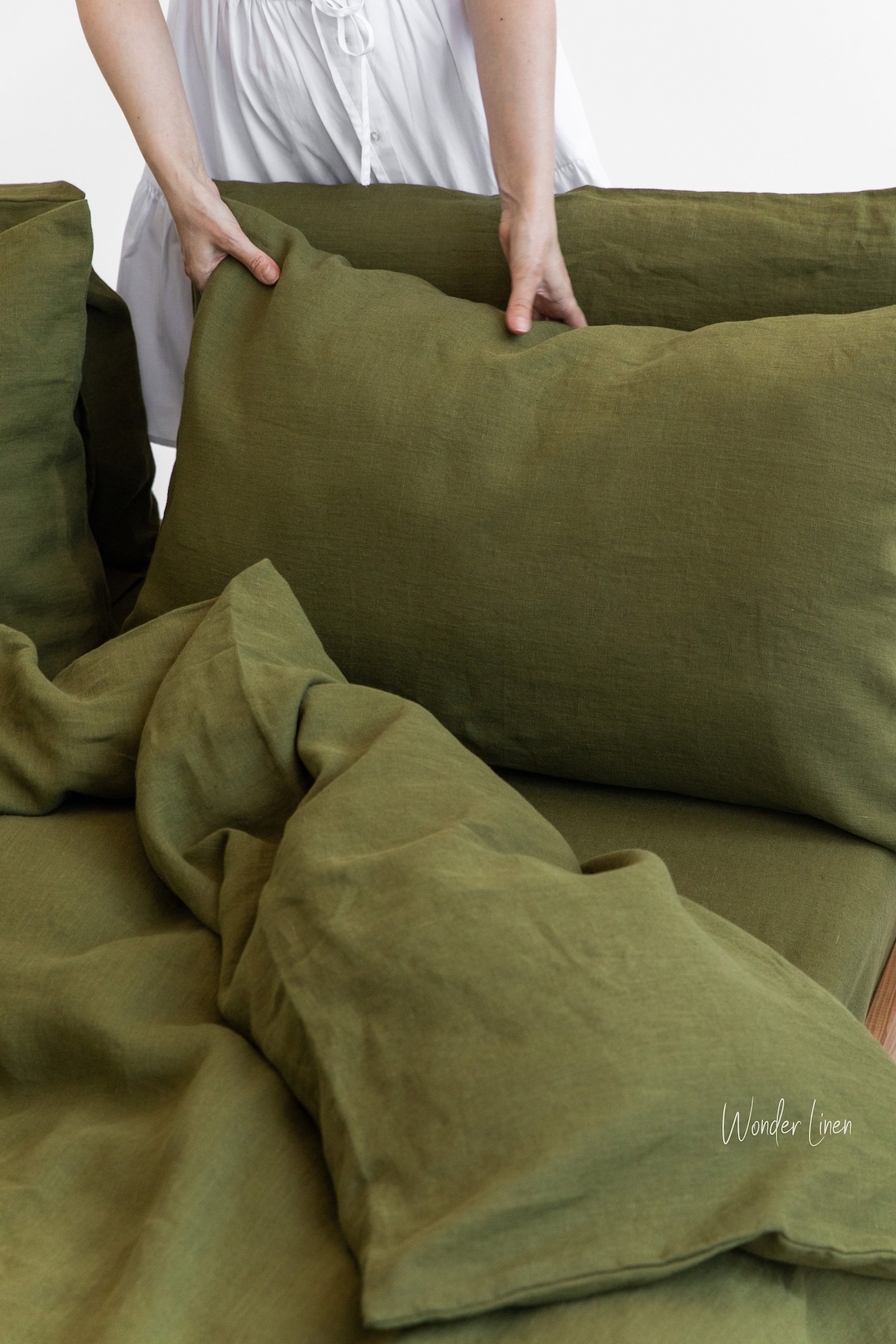 Parure de lit en lin vert olive. Housse de couette verte king ou queen ...