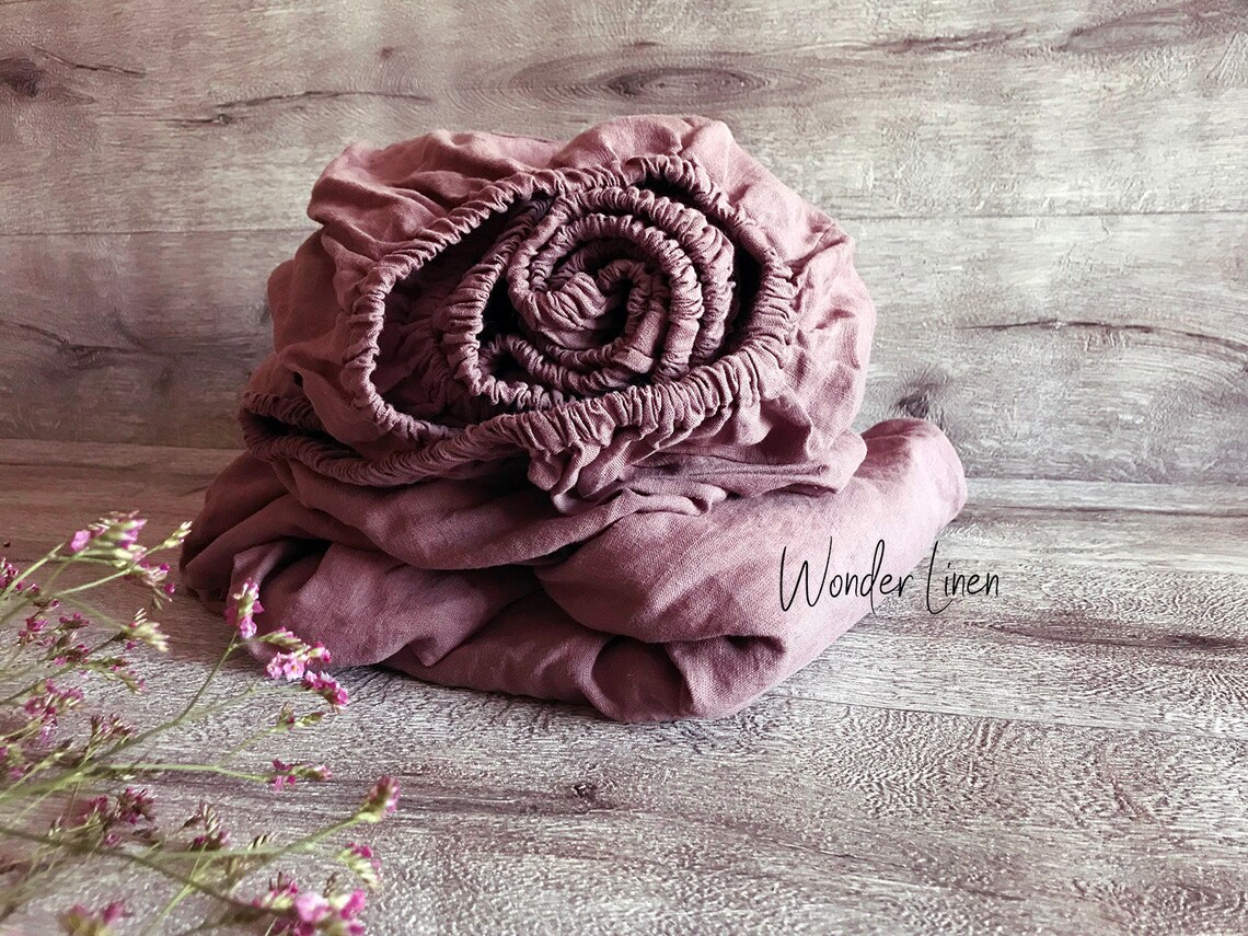 Linen Fitted Sheet. Washed Soft Linen King Bedding. Woodrose ...