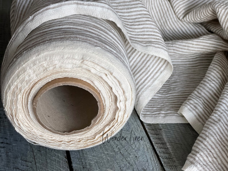 Striped Linen Fabric / White Natural Stripes / Soft Washed Flax by ...