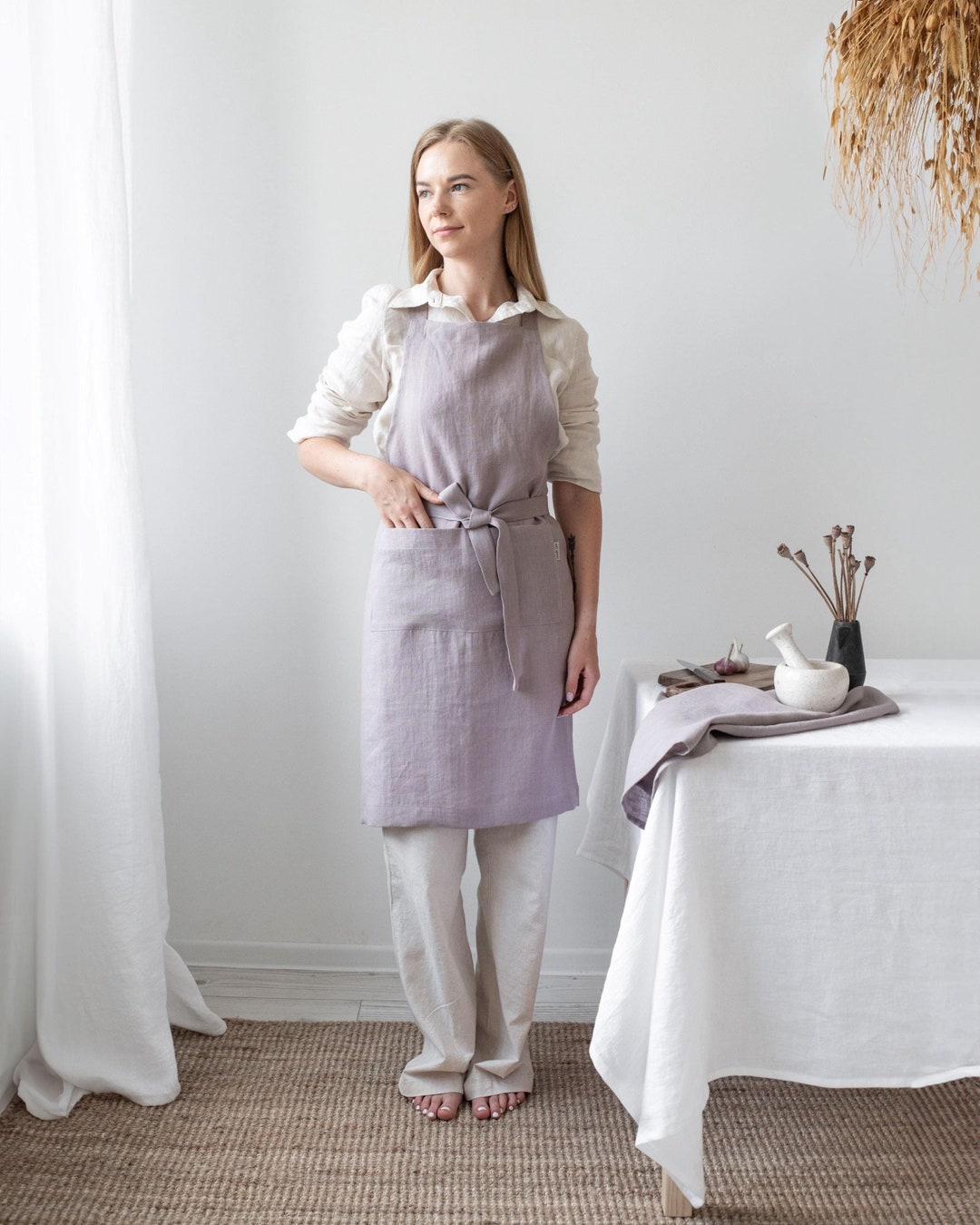 Dusty Lilac Linen Apron. Natural Linen Full Apron With Pockets. Soft ...