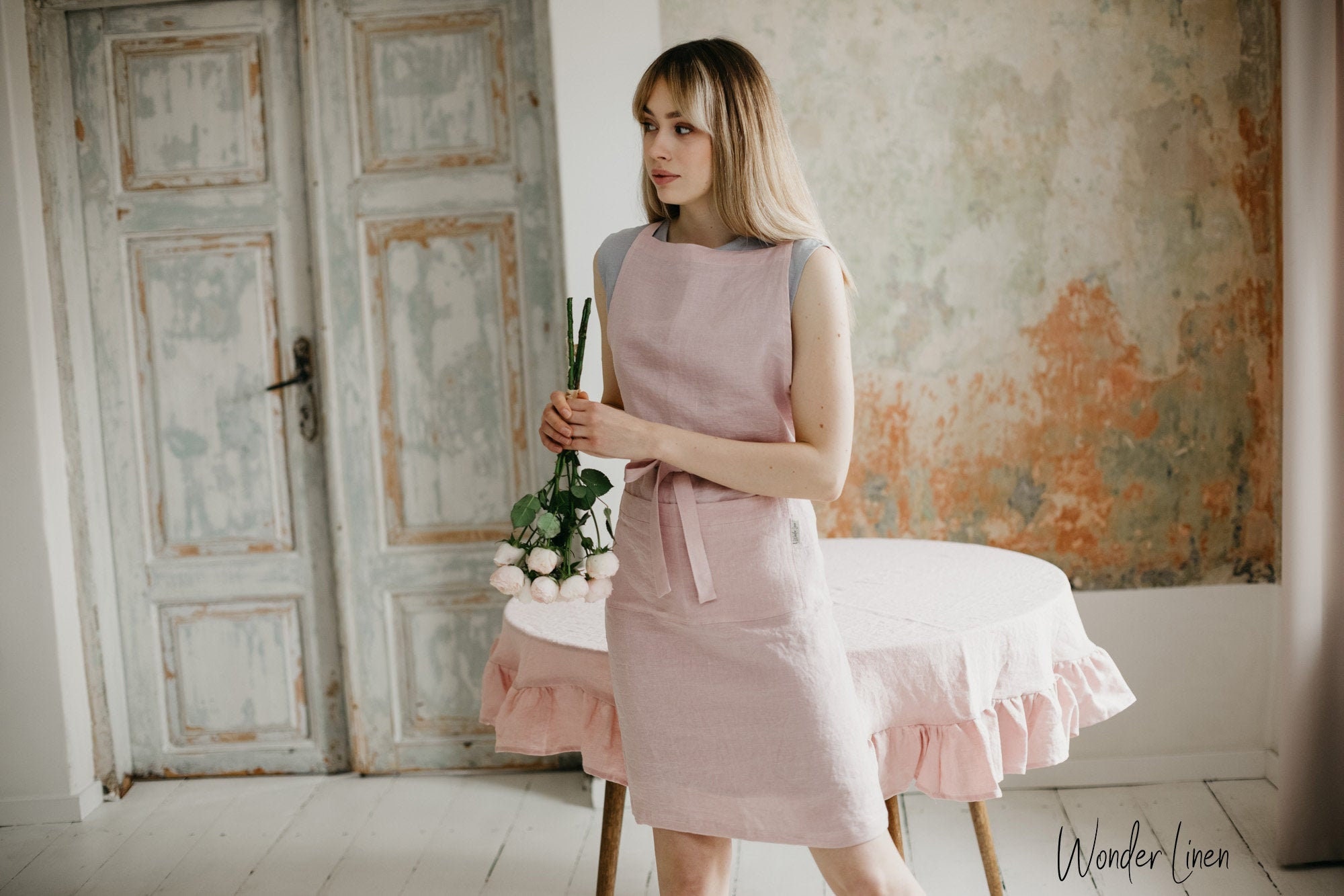 Linen Apron in Dusty Rose. Linen Full Apron With Pockets. Soft Pink ...