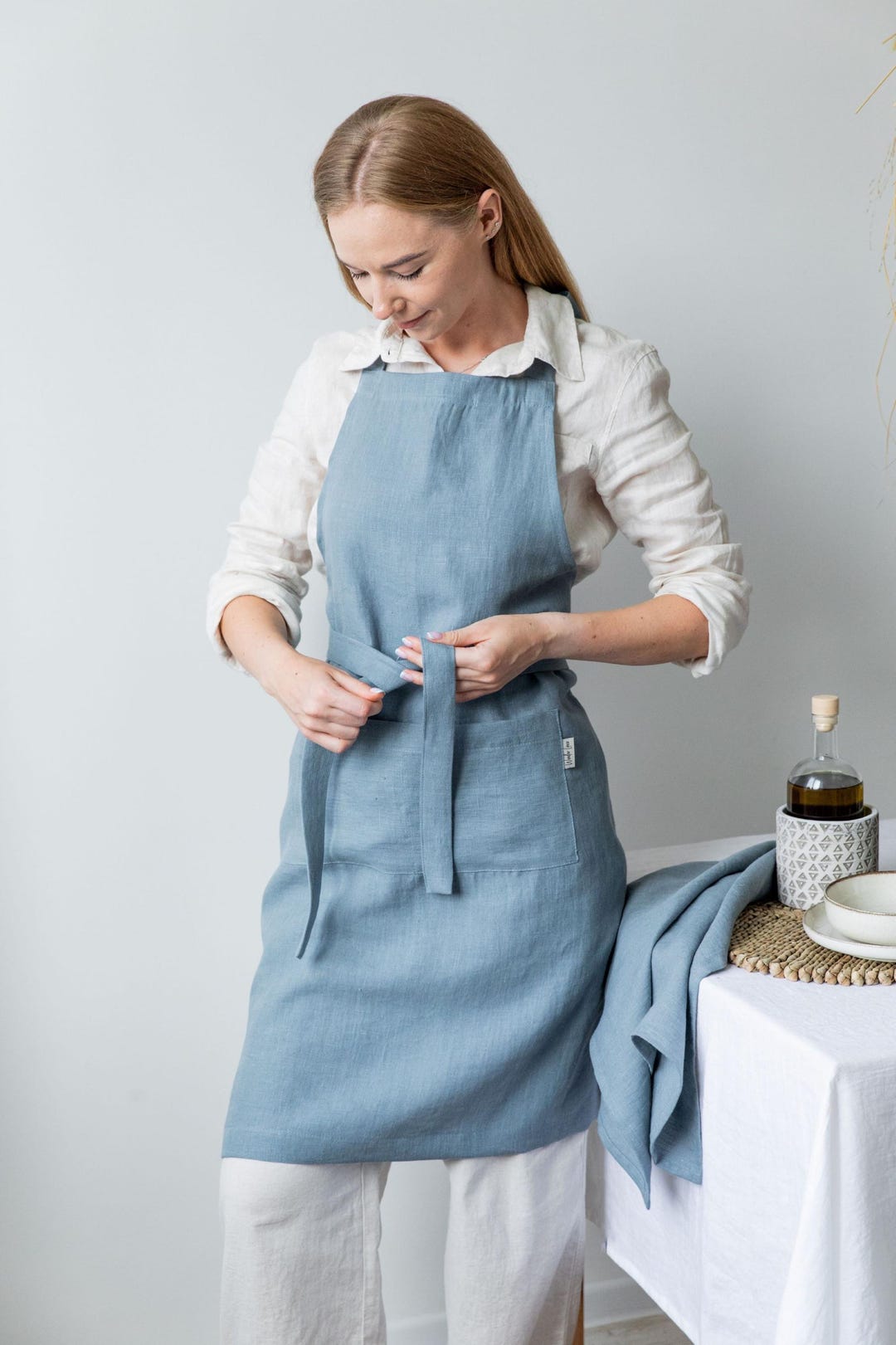 Linen Apron in Dusty Blue. Full Classic Apron With Pockets. Soft Linen ...