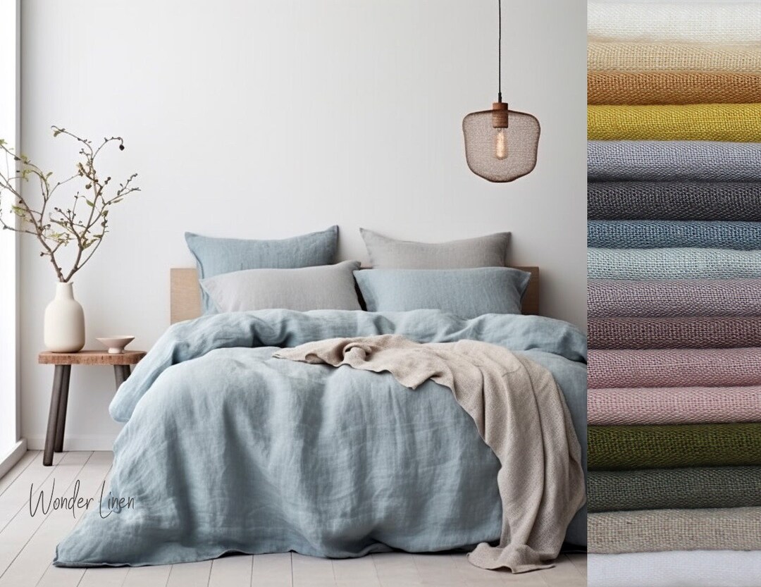 Linen Bedding Set in Blue Lace. Green King or Queen Size Duvet Cover ...