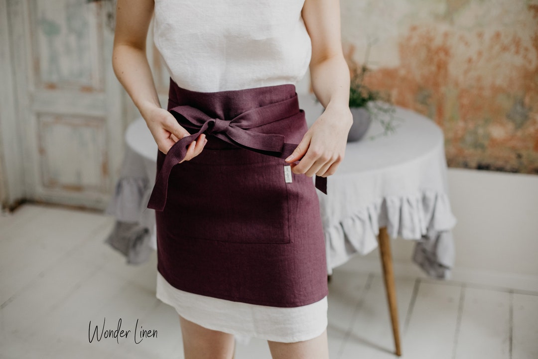 Linen Apron for Women. Plum Linen Half Apron With Pockets. Burgundy ...