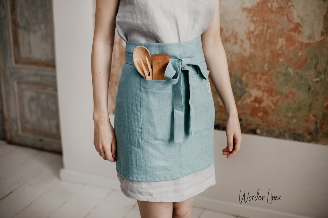 Linen Apron for Women. Mint Linen Half Apron With Pockets. Green Unisex ...