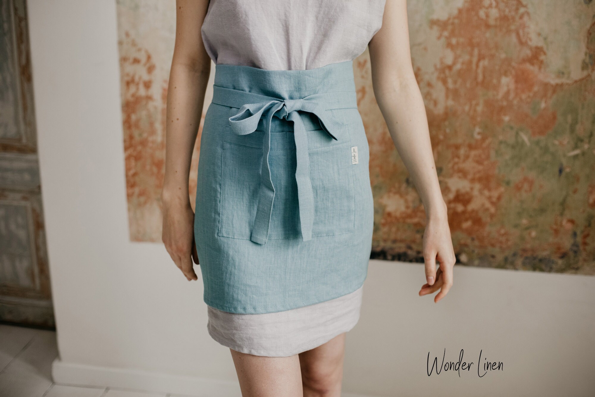 Linen Apron for Women. Mint Linen Half Apron With Pockets. Green Unisex ...