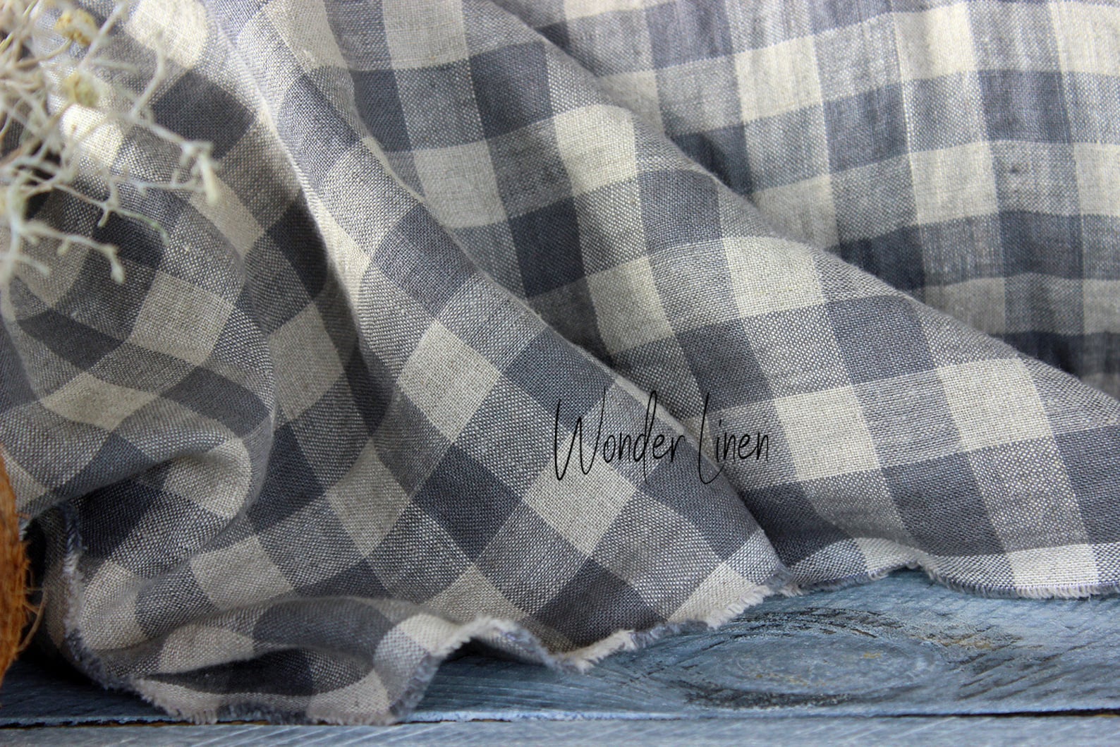 Check Linen Fabric / Gray Gingham Washed Flax by Meter or Yard | Etsy