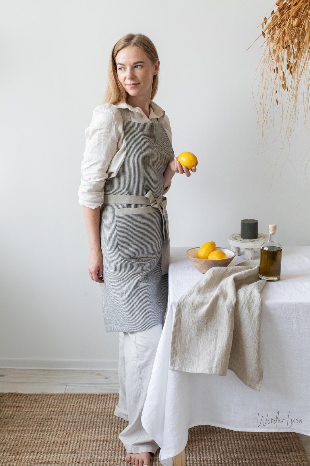 Linen Apron. Gray Striped Linen Full Apron With Pockets. Soft Kitchen ...