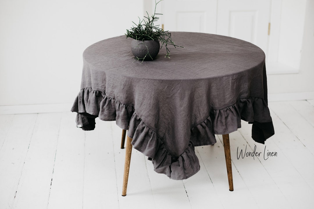 Gray Linen Ruffle Tablecloth. Charcoal Washed Soft Table Cloth. Natural ...