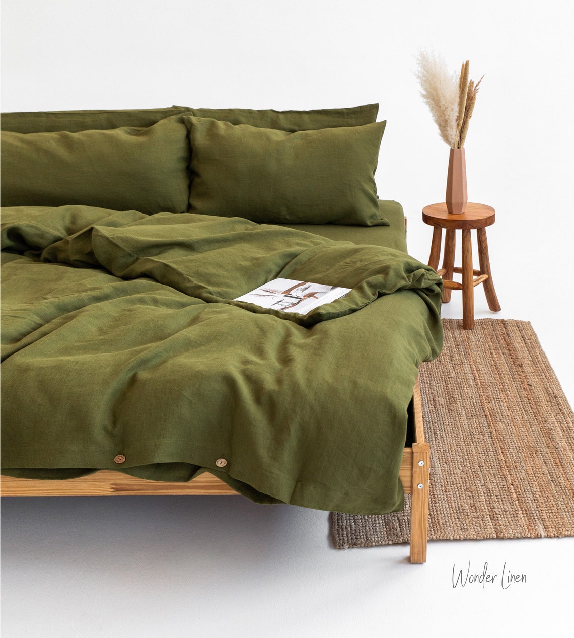 Parure de lit en lin vert olive. Housse de couette verte king ou queen ...