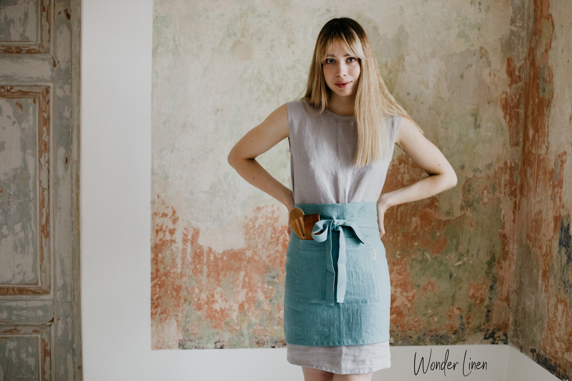 Linen Apron for Women. Mint Linen Half Apron With Pockets. Green Unisex ...