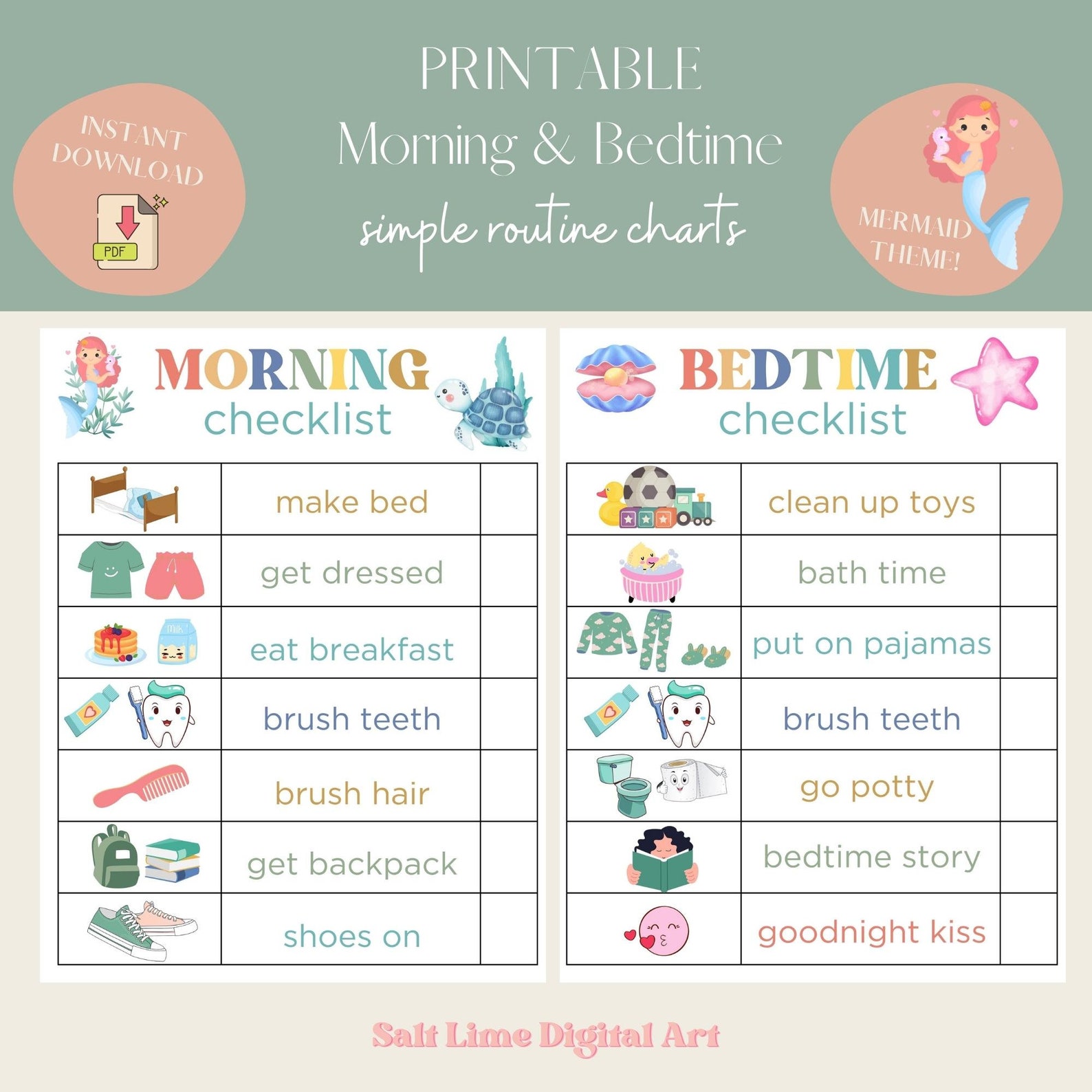 Mermaid Theme Routine Chart, Morning & Bedtime Checklist (digital ...