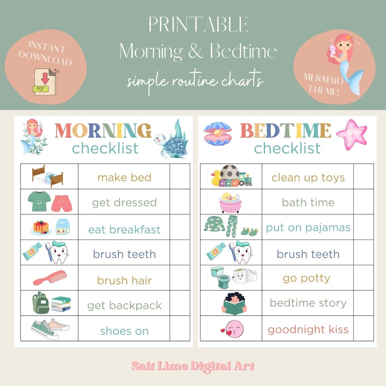 Mermaid Theme Routine Chart, Morning & Bedtime Checklist (digital ...
