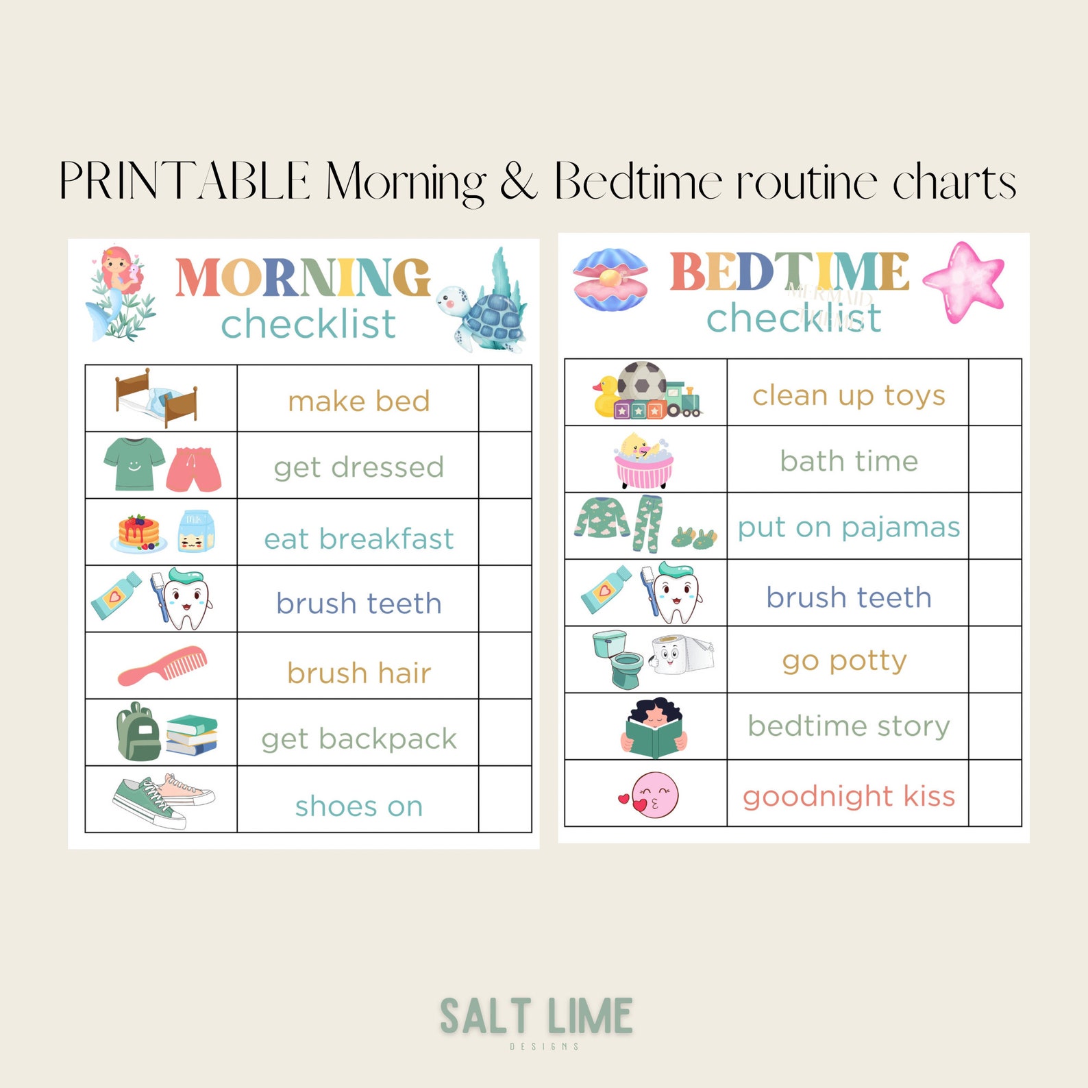Mermaid Theme Bedtime Routine for Kids, Morning Routine Checklist ...