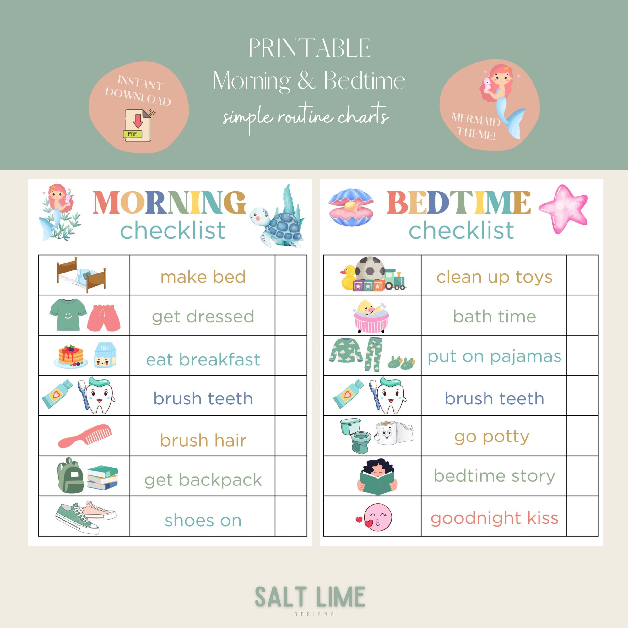 Mermaid Theme Bedtime Routine for Kids, Morning Routine Checklist ...