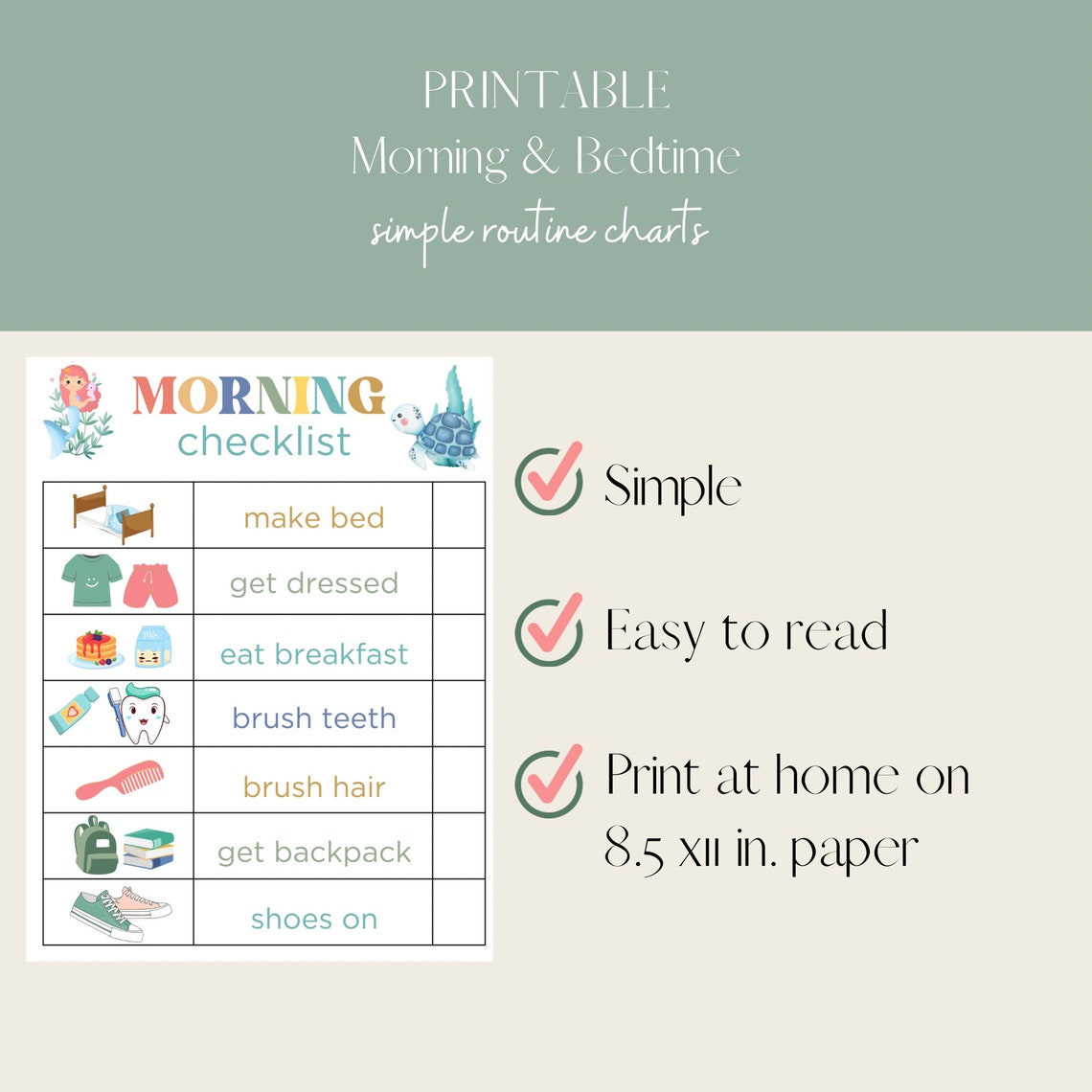 Mermaid Theme Bedtime Routine for Kids, Morning Routine Checklist ...