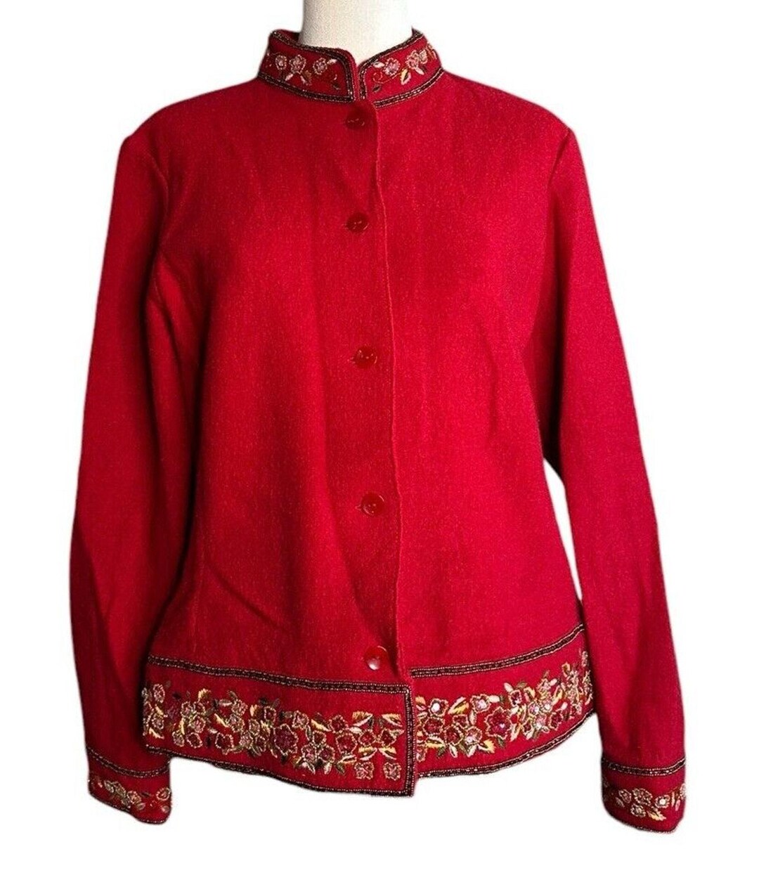 Vintage Talbots Red Boiled Wool Sweater Jacket Beaded Collar Button ...