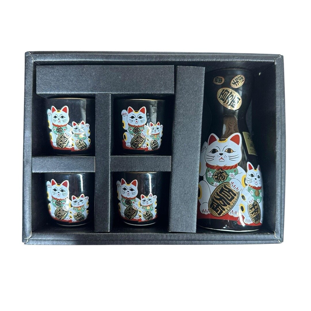 Vtg Japanese Sake Set 5 Piece Maneki Neko Lucky Cats Japan Carafe Shots ...