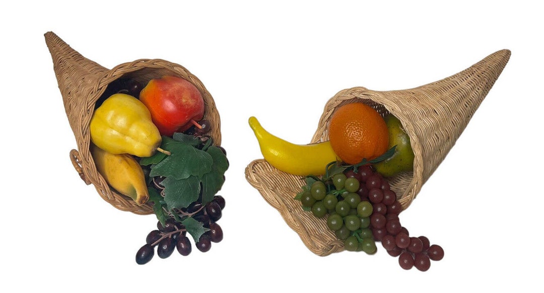Vintage 15" Wicker Cornucopia Horn of Plenty Baskets Faux Fruit Fall ...