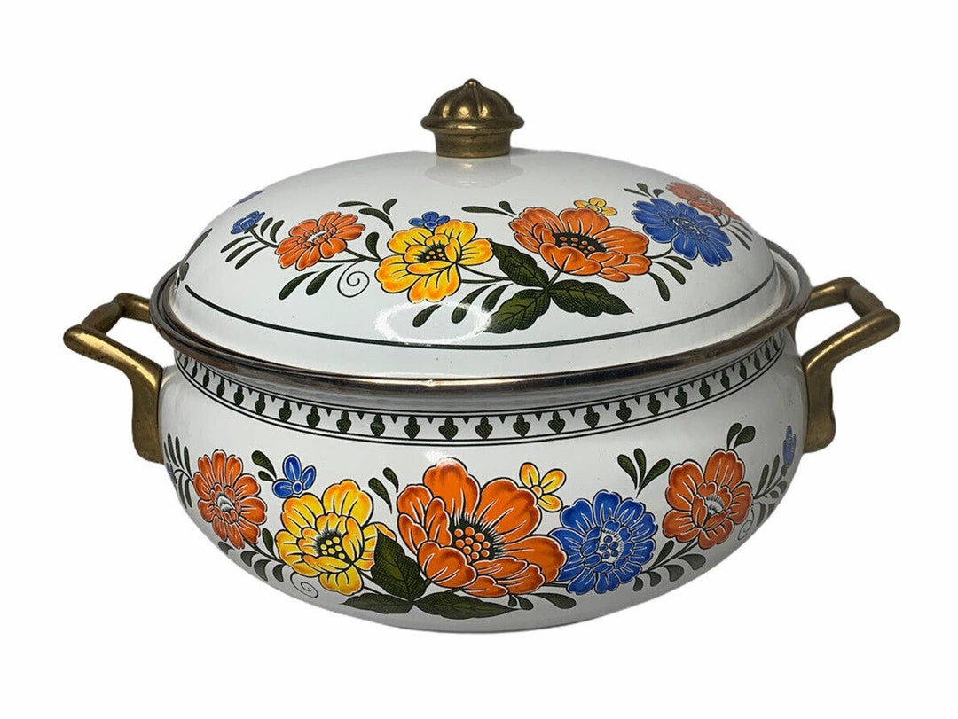 Vintage Enamelware Dutch Oven Newcor Regency Cookware Tuscan Floral Pan ...