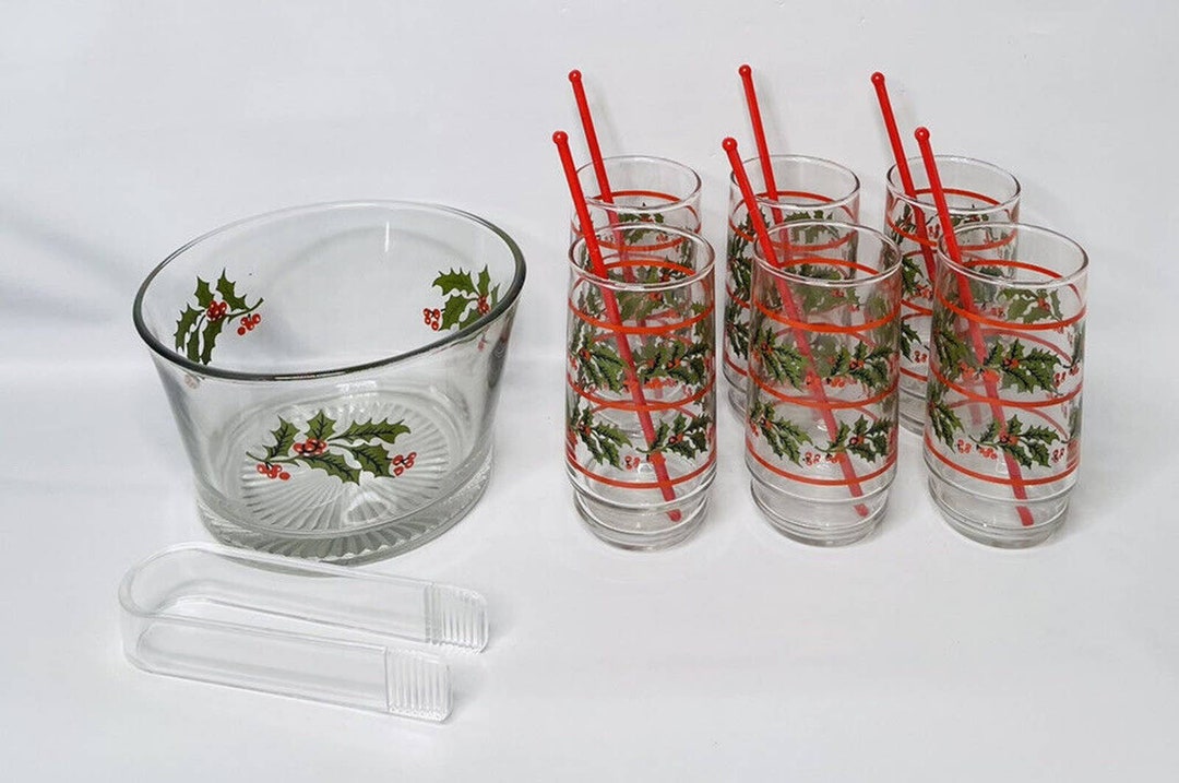 Vintage Indiana Glass Christmas Hostess Barware Set Holly Berry ...