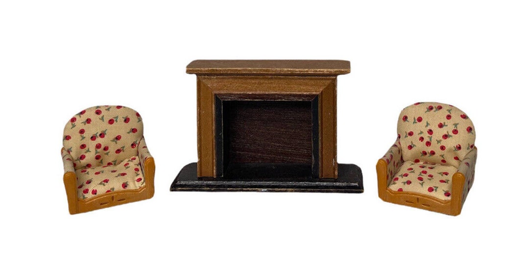 Vintage Calico Critters Floral Living Room Chairs Fireplace Doll House ...