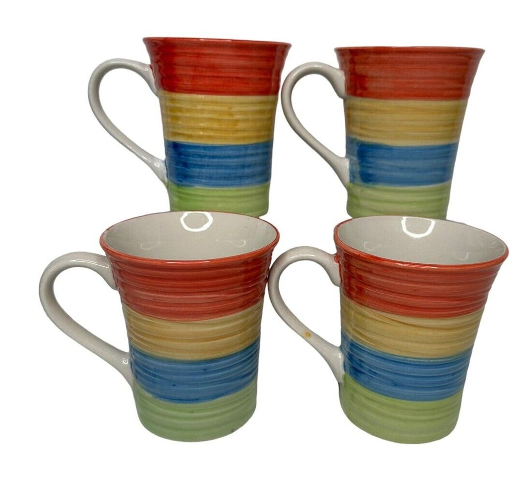 Gibson Everyday Hand Painted Rainbow Striped Stoneware Pottery Mugs Set ...