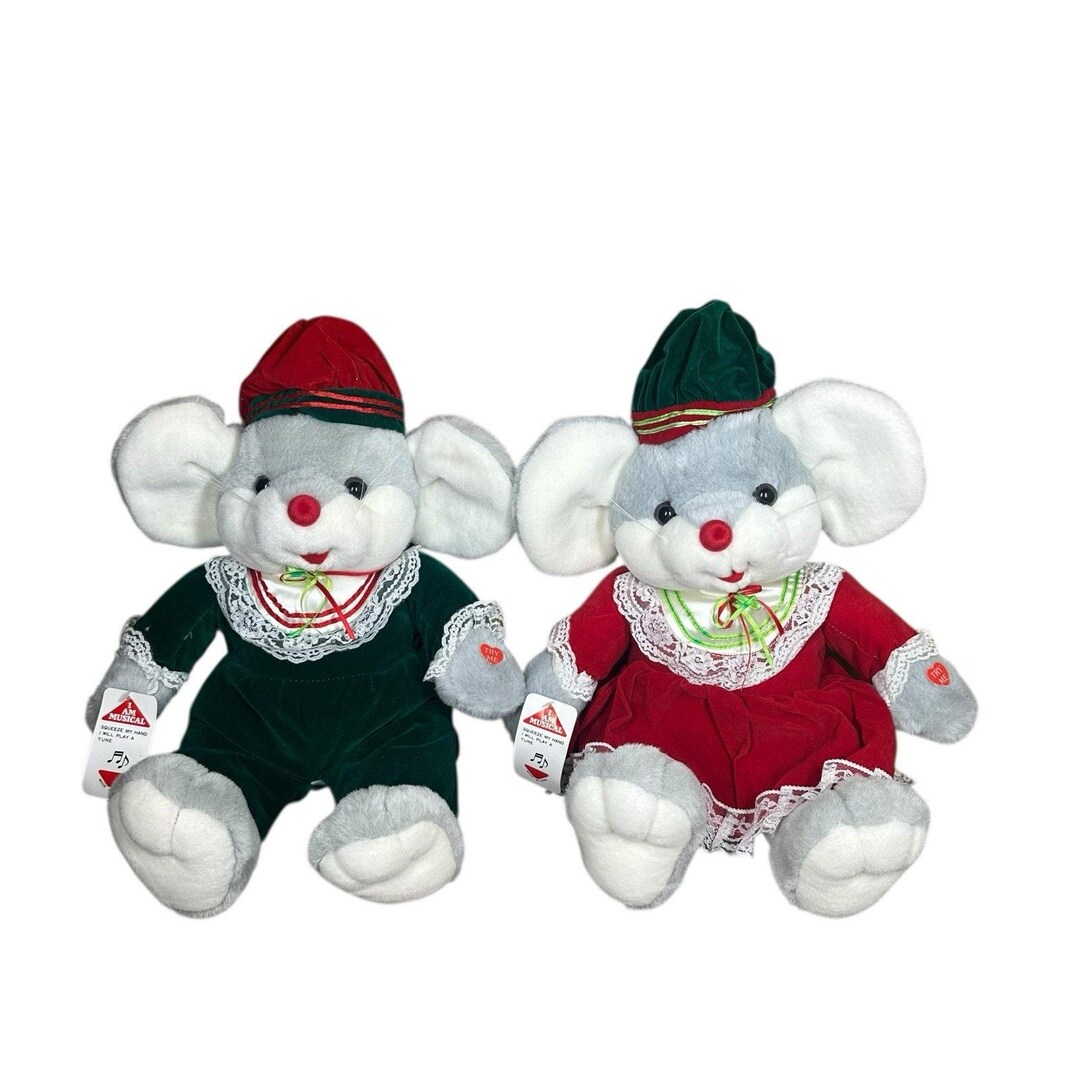 Vtg Fluffies Stuffed Christmas Mice Velvet Outfits Plush Boy Girl Mouse ...